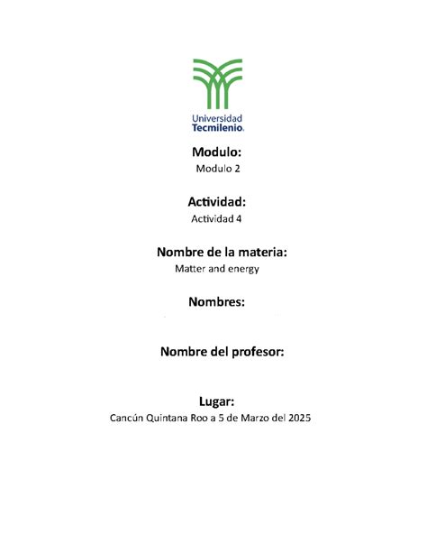 Mass And Energy Modulo 2 Actividad 4 Matter And Energy Insights