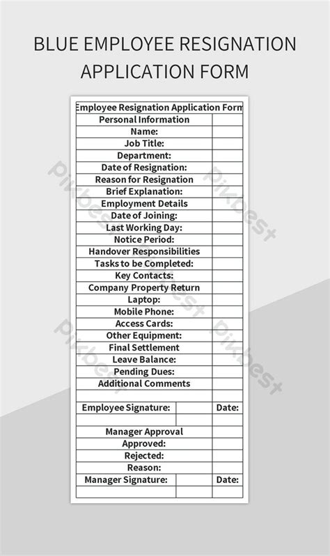 Blue Employee Resignation Application Form Excel Template Free Download Pikbest