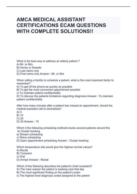 Amca Medical Assistant Certifications Ecam Questions With Complete Solutions Amca Cma