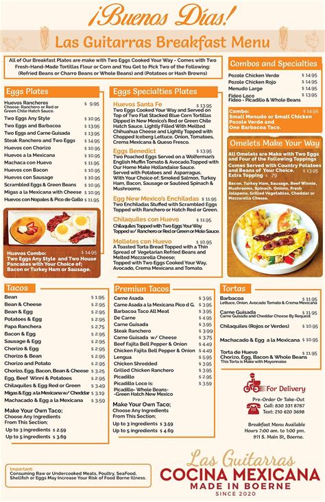 Menu At Las Guitarras Restaurant Breakfast Mexican Steaks Seafood Boerne