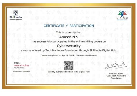 Ameen N S On Linkedin Successfully Completed The Cyber Security Course Offered By Tech Mahindra…