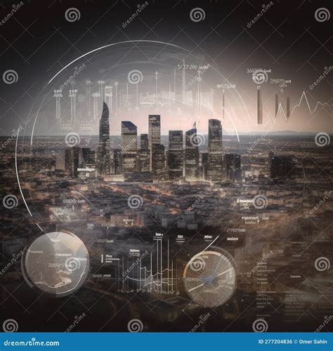 Panoramic View Of A City Skyline With A Chart And Graph Superimposed