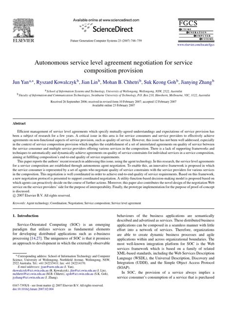 Autonomous Service Level Agreement Negotiation For Service Composition Provision Pdf Service
