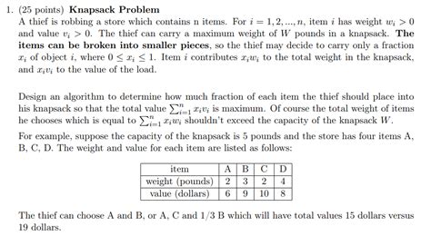 solved 1 25 points knapsack problem a thief is robbing a