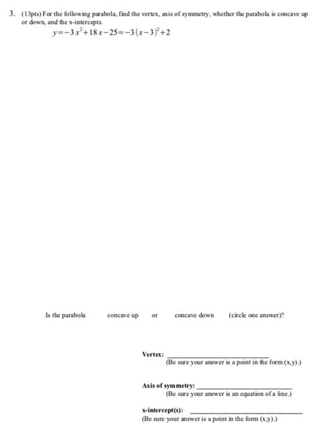 Solved Pts For The Following Parabola Find The Chegg Com