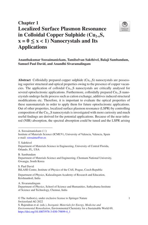 Pdf Localized Surface Plasmon Resonance In Colloidal Copper Sulphide Cu2 Xs X 0 ≤ X