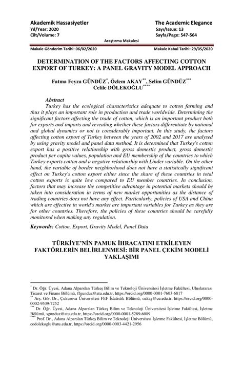 Pdf Determination Of The Factors Affecting Cotton Export Of Turkey A Panel Gravity Model Approach