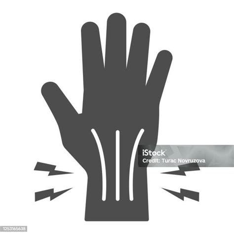 손 단단한 아이콘에 통증 신체 통증 개념 흰색 배경에 손 관절 기호에 부상 인간의 손과 손목 통증은 모바일용 글리프 스타일의 관절염 아이콘에 의한 것입니다 벡터 그래픽 X