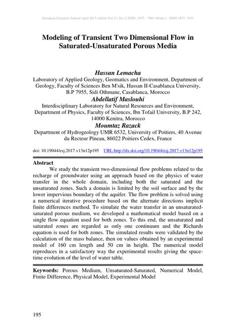 Pdf Modeling Of Transient Two Dimensional Flow In Saturated Unsaturated Porous Media