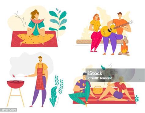 바베 큐와 여름 휴가 야외 피크닉 그릴에 고기를 요리 하는 남자 캠핑에서 먹는 행복 한 커플 공원에서 바베 큐에 문자 벡터 평면