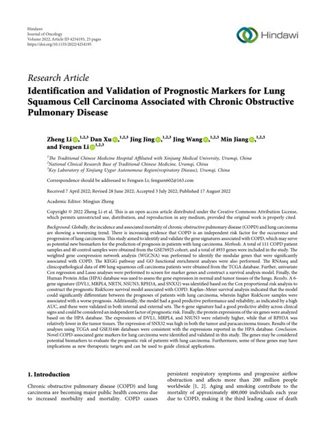 Pdf Identification And Validation Of Prognostic Markers For Lung Squamous Cell Carcinoma
