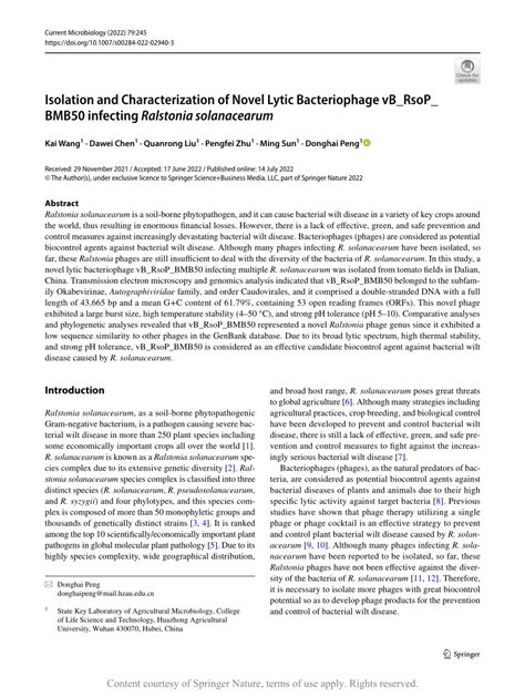 Isolation And Characterization Of Novel Lytic Bacteriophage Vbrsopbmb50 Infecting Ralstonia