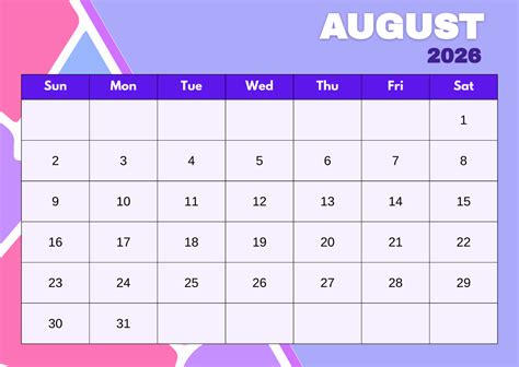 Free Blank August 2026 Calendar Template To Edit Online