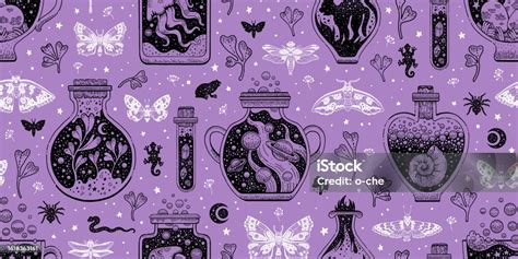 물약 연금술 이음매 없는 패턴 할로윈 기호 마법의 엘릭서 병과 플라스크에 고양이 나비 나방 조개껍데기 오컬트 요술 신비한 배경 천상의 난해한 검은 보라색 마녀 패턴 우주에