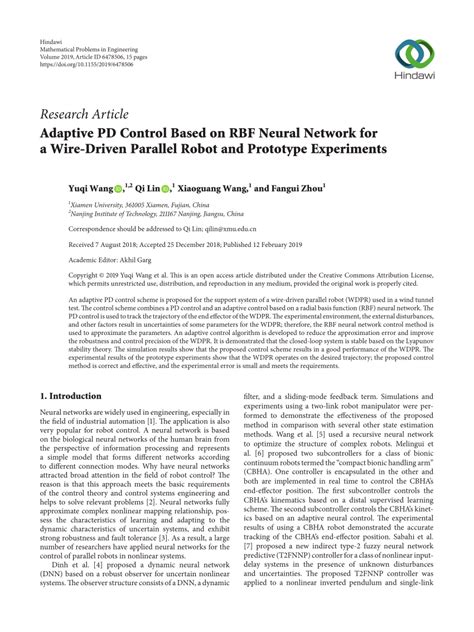 Pdf Adaptive Pd Control Based On Rbf Neural Network For A Wire Driven Parallel Robot And