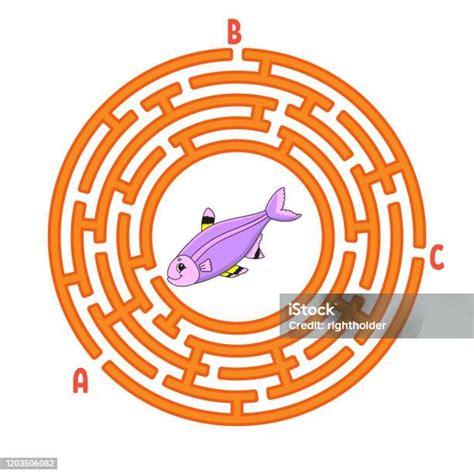 원 미로 아이들을위한 게임 물고기 아이들을위한 퍼즐 둥근 미로 수수께끼 색상 벡터 그림입니다 올바른 경로를 찾으십시오 교육 워크 시트 0명에 대한 스톡 벡터 아트 및 기타