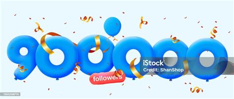 900000 명의 팔로워가있는 배너는 3d 파란색 풍선과 다채로운 색종이 형태로 감사합니다 소셜 미디어 900k 팔로워 를위한 벡터 일러스트 3d 번호 감사 구독자를
