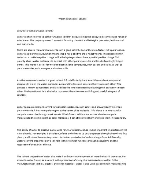 Water As Universal Solvent This Property Makes It Essential For Many Chemical And Biological