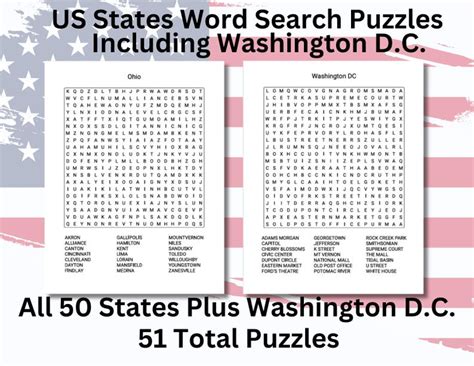 United States Word Search Puzzle 50 States Dc Printable Pdf Etsy