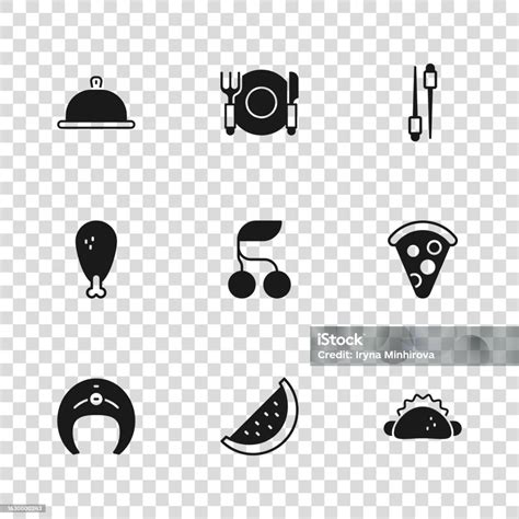 수박 피자 조각 또띠아를 곁들인 타코 신선한 딸기 음식 젓가락 덮힌 트레이 음식 접시 포크와 나이프 닭 다리 아이콘을 설정합니다 벡터 클로시 모자에 대한 스톡 벡터 아트 및