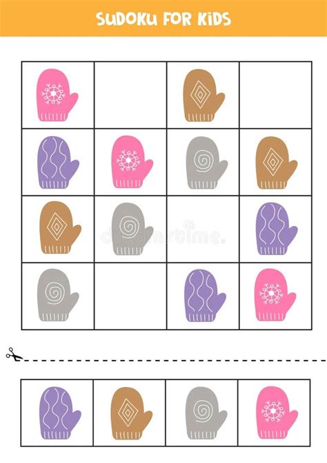 Educational Sudoku Game With Cute Cartoon Colorful Mittens Stock