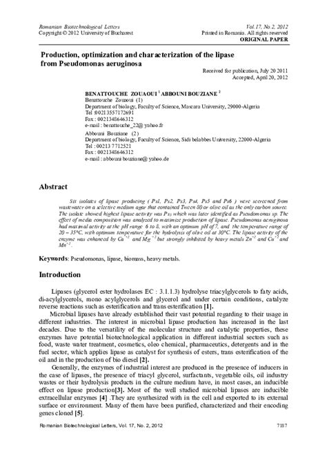 Pdf Production Optimization And Characterization Of The Lipase From Pseudomonas Aeruginosa