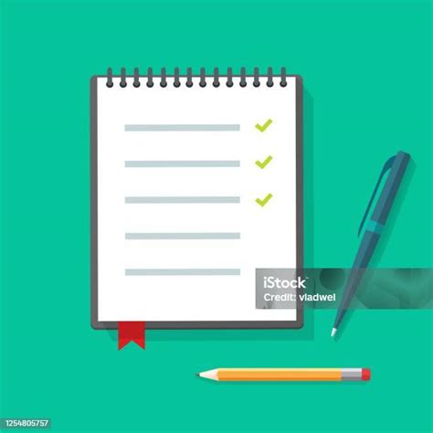 일기 종이 메모장 또는 노트북 벡터 평면 일러스트와 함께 테이블 책상에 체크 리스트와 펜 연필 나선형 시트 페이지에 체크 마크