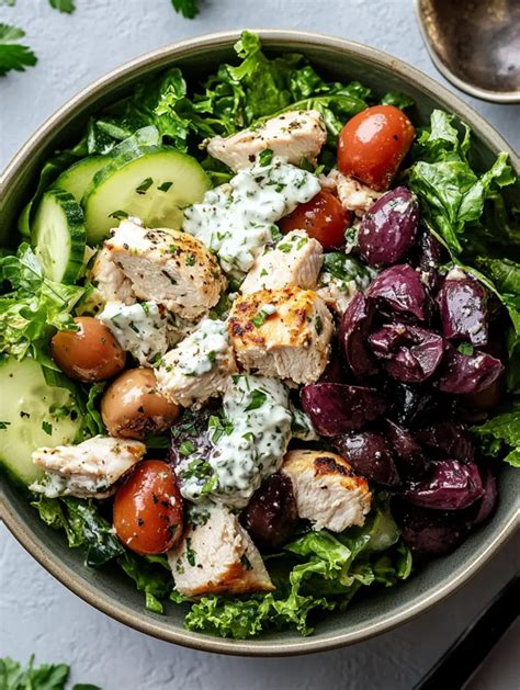 Mediterranean Tzatziki Chicken Salad Bowl With Vibrant Olives