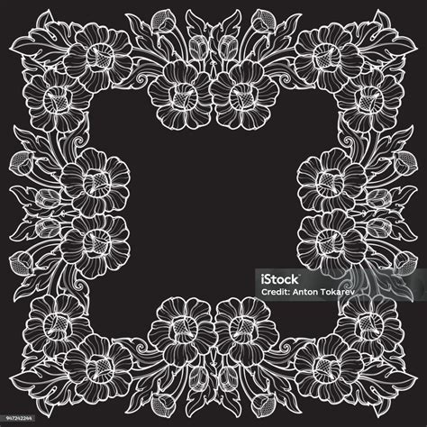 복잡 한 사각 프레임에 배열 하는 로터스 꽃 남쪽동부 아시아에서 인기 있는 장식 모티브 문신 디자인입니다 검은 배경에 고립 된 선형 드로잉 검은색에 대한 스톡 벡터 아트 및