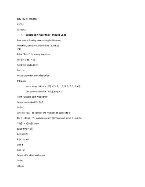 Bubble Sort Pseudocode Elly Jay V Jangco Bscs Cs 1042 Bubble Sort