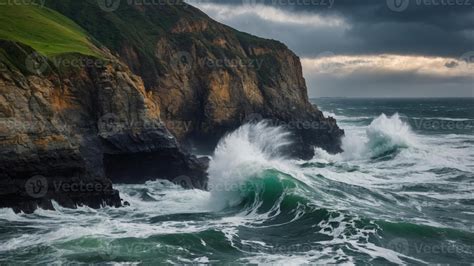 Dramatic Ocean Waves Crashing Against Rugged Cliffs Under A Moody Sky