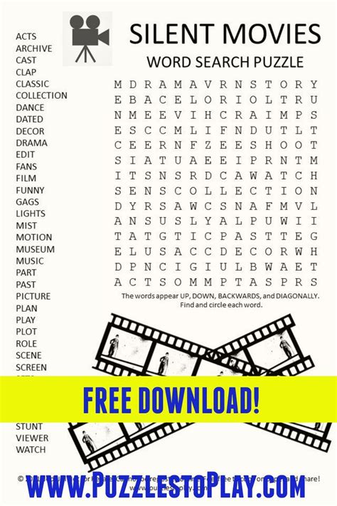 Silent Movies Word Search Puzzle Classic Film Lovers Free Download