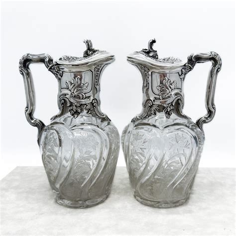 Proantic Emile Puiforcat Pair Of Carafes In Cut And Engraved Crystal