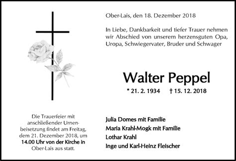 Traueranzeigen Von Walter Peppel Vrm Trauerde