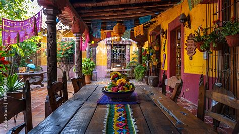 Una Casa De Pueblo Mexicano Pintoresca Y Colorida Con Una Mesa De
