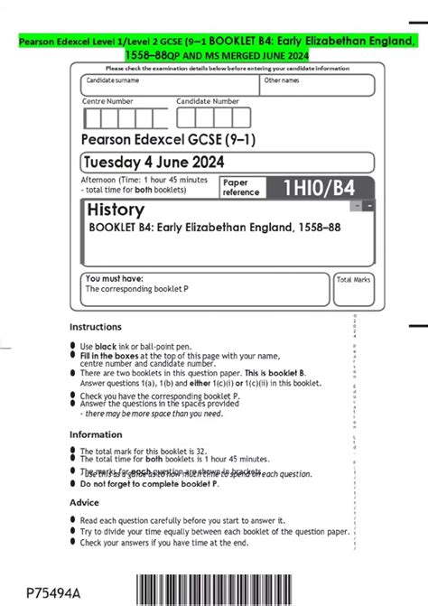 Pearson Edexcel Level 1 Level 2 Gcse 9 1 Booklet B4 Early Elizabethan England 1558 88qp And
