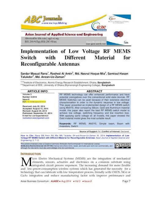 pdf implementation of low voltage rf mems switch with