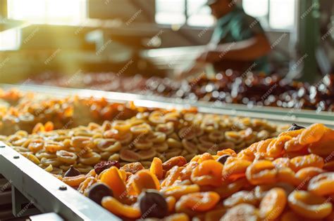 Worker Sorting Dried Fruits On A Large Conveyor Belt In A Food Processing Factory Premium Ai