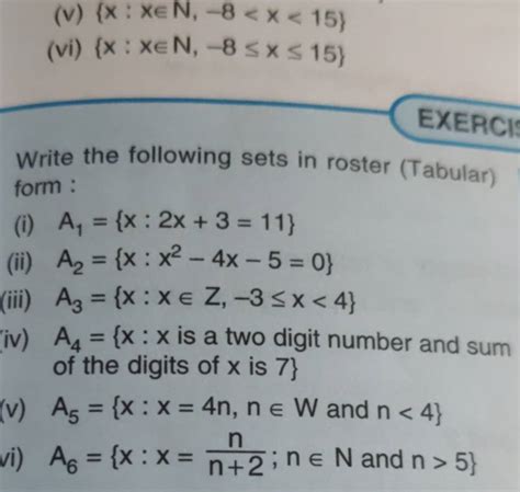 exerci write the following sets in roster tabular form filo