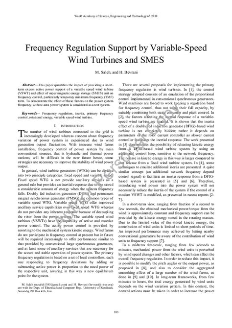 Pdf Frequency Regulation Support By Variable Speed Wind Turbines And Smes