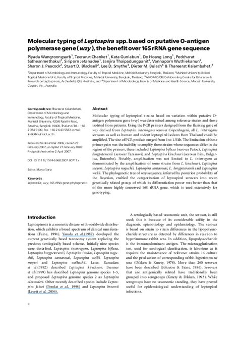 Pdf Molecular Typing Of Leptospira Spp Based On Putative O Antigen Polymerase Gene Wzy