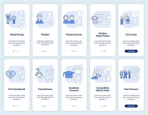 Teenage Struggles Light Blue Onboarding Mobile App Screen Set Walkthrough 5 Steps Editable