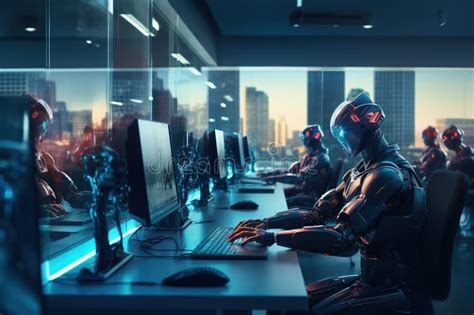 Ai Robots Using Multiple Computers Working Monitoring Data In Office