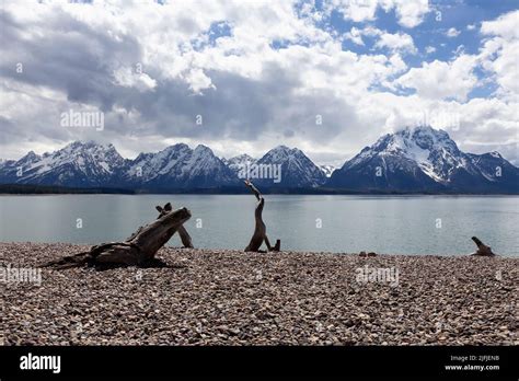 Rocky Beach And Driftwood By The Lake With Mountains In Background Stock Photo Alamy