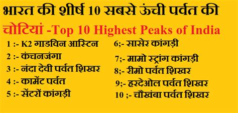 भरत क शरष सबस ऊच परवत क चटय