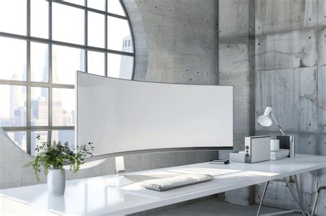 Premium Photo Curved Monitor On A White Desk 3d Rendering Of A