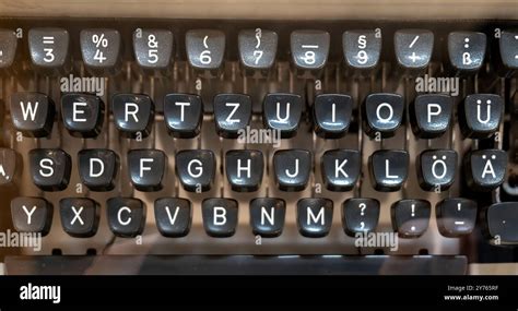 Old Real Retro Vintage Black Typewriter Keys Top View Wide Shot Letters In Qwertz Layout Which