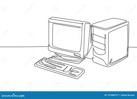 Single Continuous Line Drawing Of Of Retro Old Classic Personal Computer Processor Unit Vintage