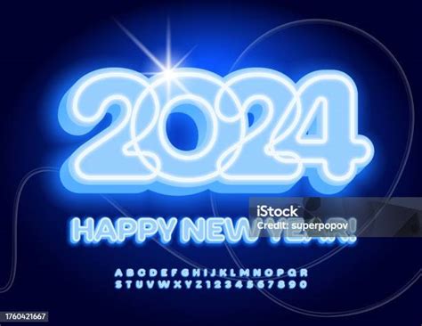 벡터 빛나는 인사말 카드 해피 뉴 예 2024 파란색 조명 알파벳 문자와 숫자 세트 계절에 대한 스톡 벡터 아트 및 기타 이미지