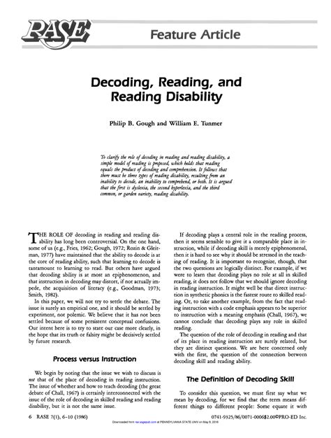 Decoding Reading And Reading Disability Gough And Tunmer 1986 Interdisiplinaryong Pagbasa